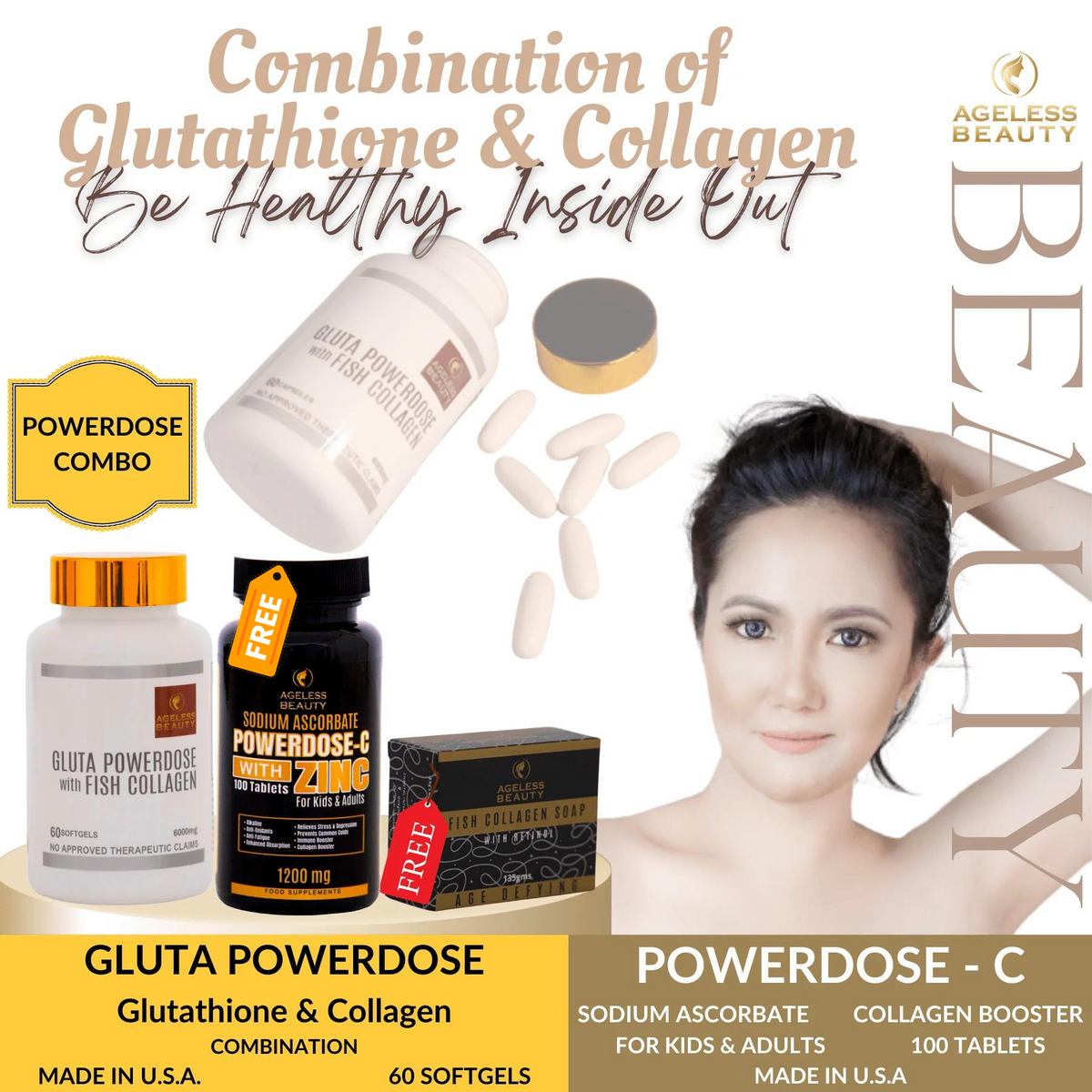 GLUTA POWERDOSE + 1 POWERDOSE-C + 1 FREE FISH COLLAGEN SOAP